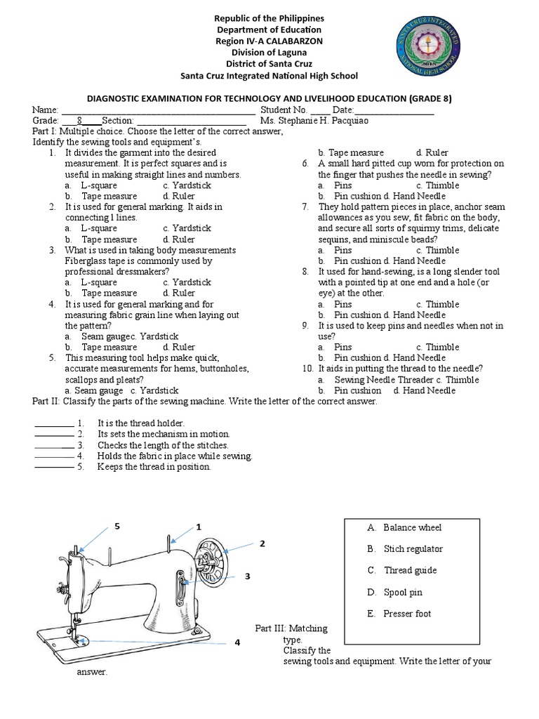 Grade 8 Diagnostic Exam | PDF | Sewing | Seam (Sewing)