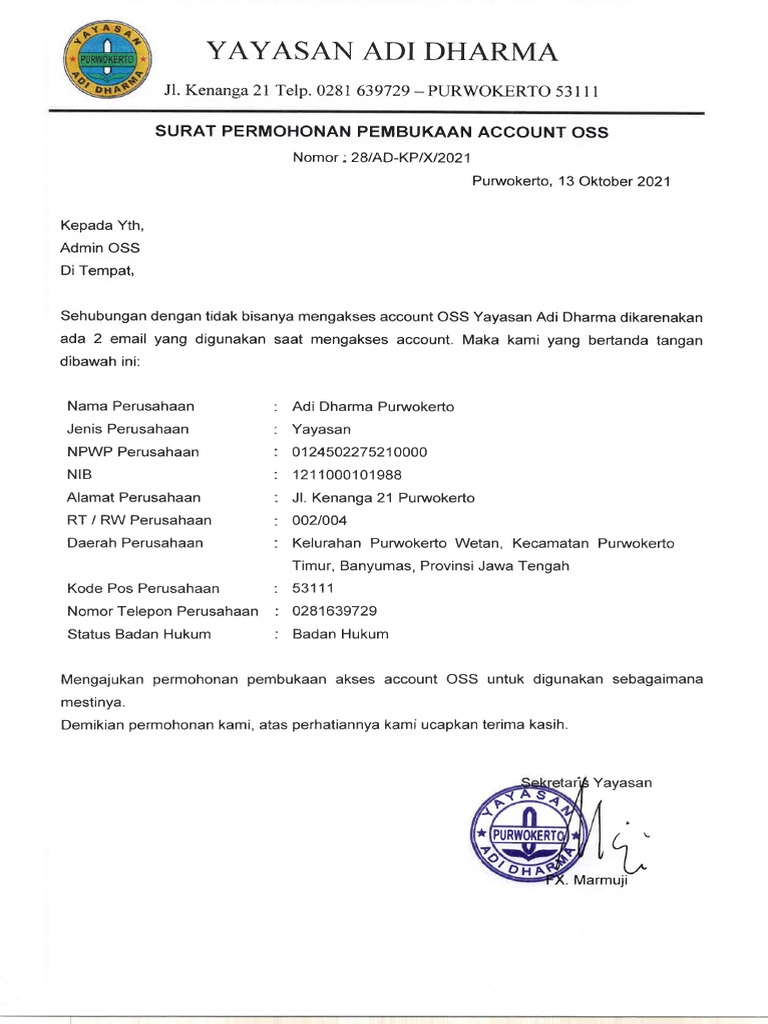 Surat Permohonan Pembukaan Account OSS | PDF