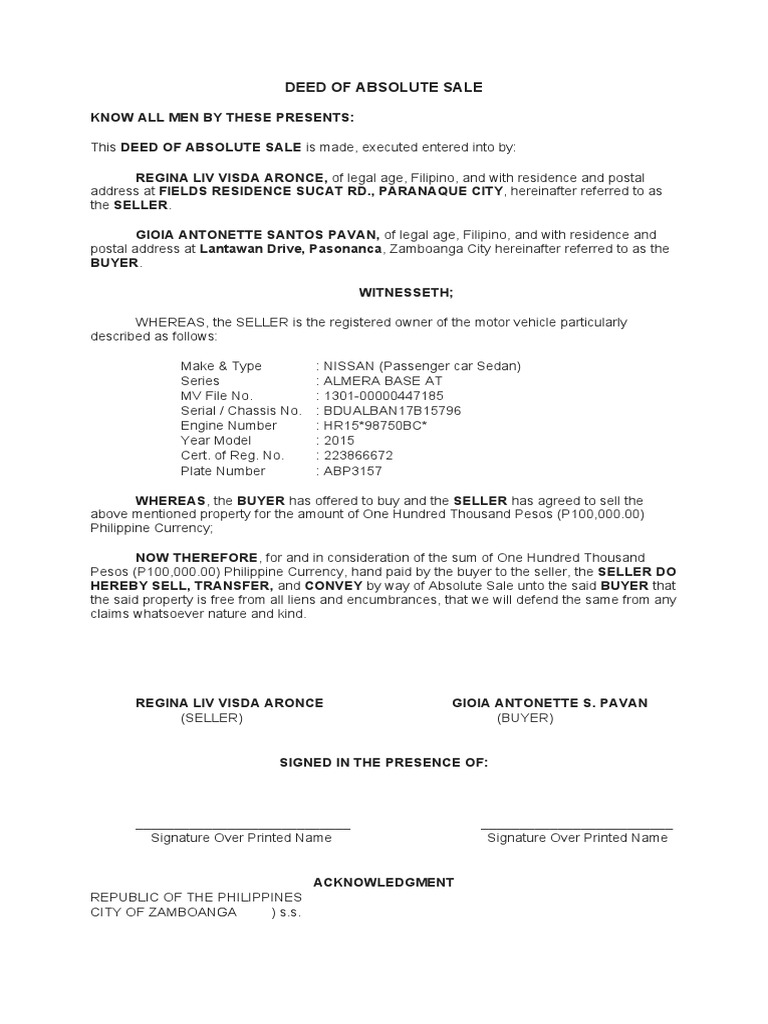 Deed of Absolute Sale of A Motor Vehicle | PDF | Deed | Land Vehicles