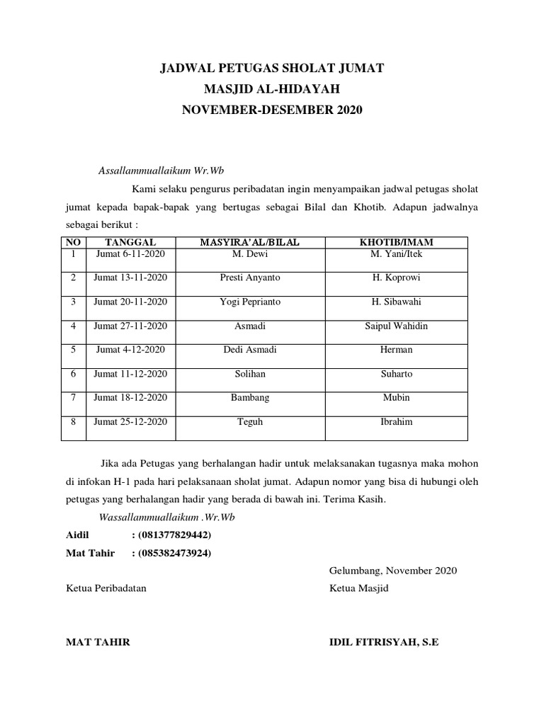 Jadwal Petugas Sholat Jumat 1 | PDF