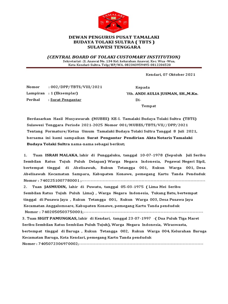 Surat Pengantar Akta Notaris | PDF