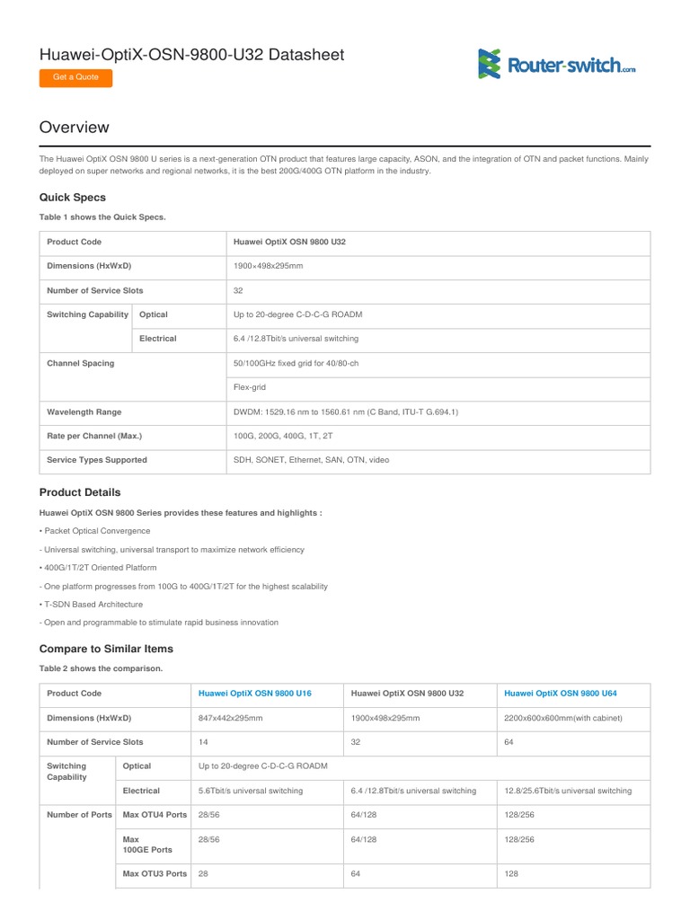Huawei Optix Osn 9800 U32 Datasheet | PDF | Wavelength Division Multiplexing | Data Transmission
