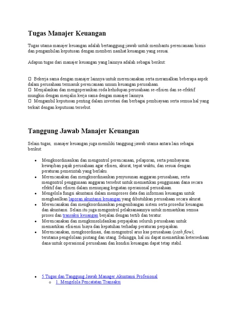 Tugas Dan Tanggung Jawab Manager Keuangan | PDF