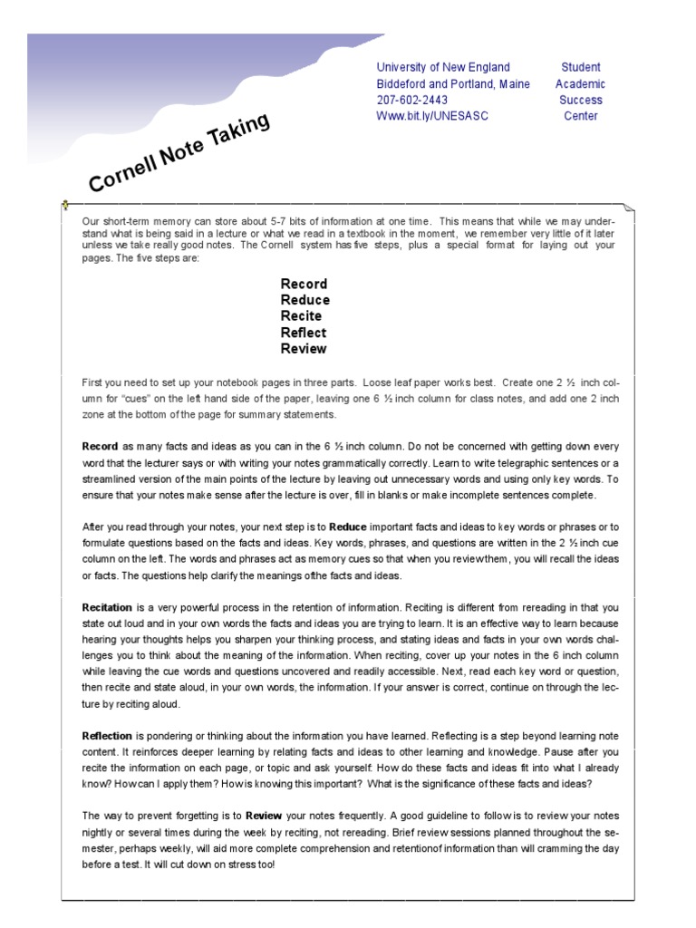 Cornell Note-Taking Guide | PDF | Memory | Thought