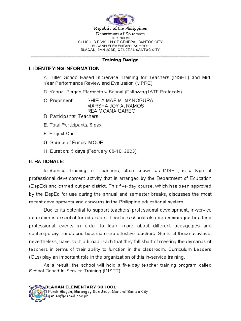 Blaganes Inset Mpre-2023 | PDF | Teachers | Learning