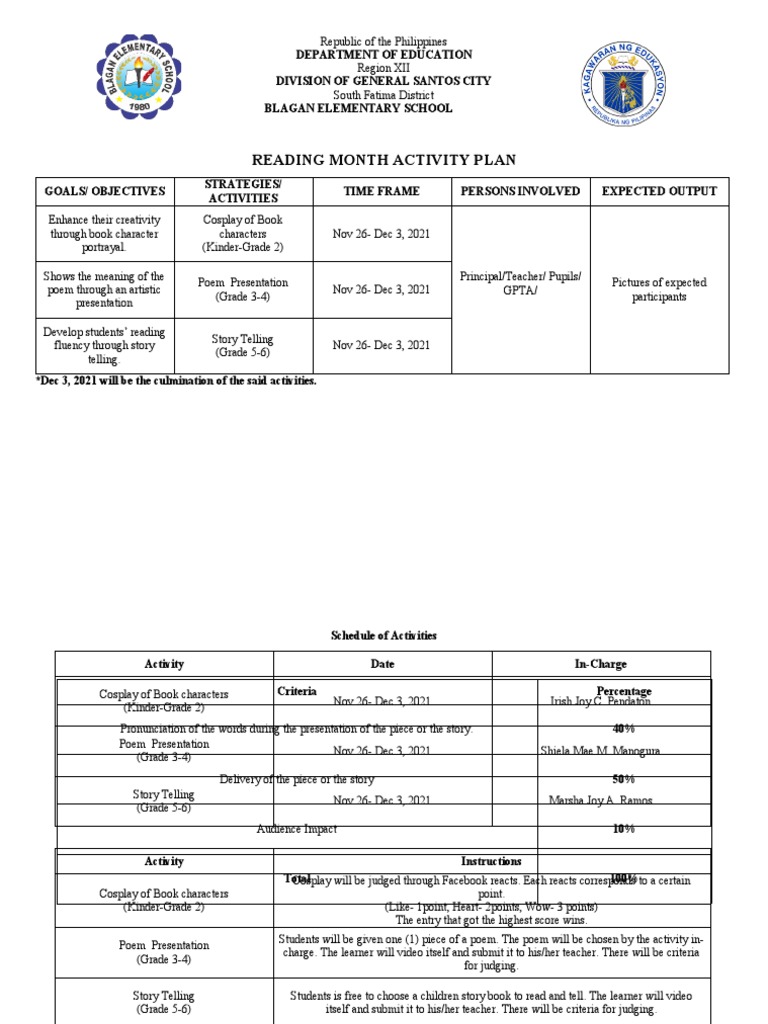 Reading Month Activity Plan | PDF | Teaching | Cognitive Science