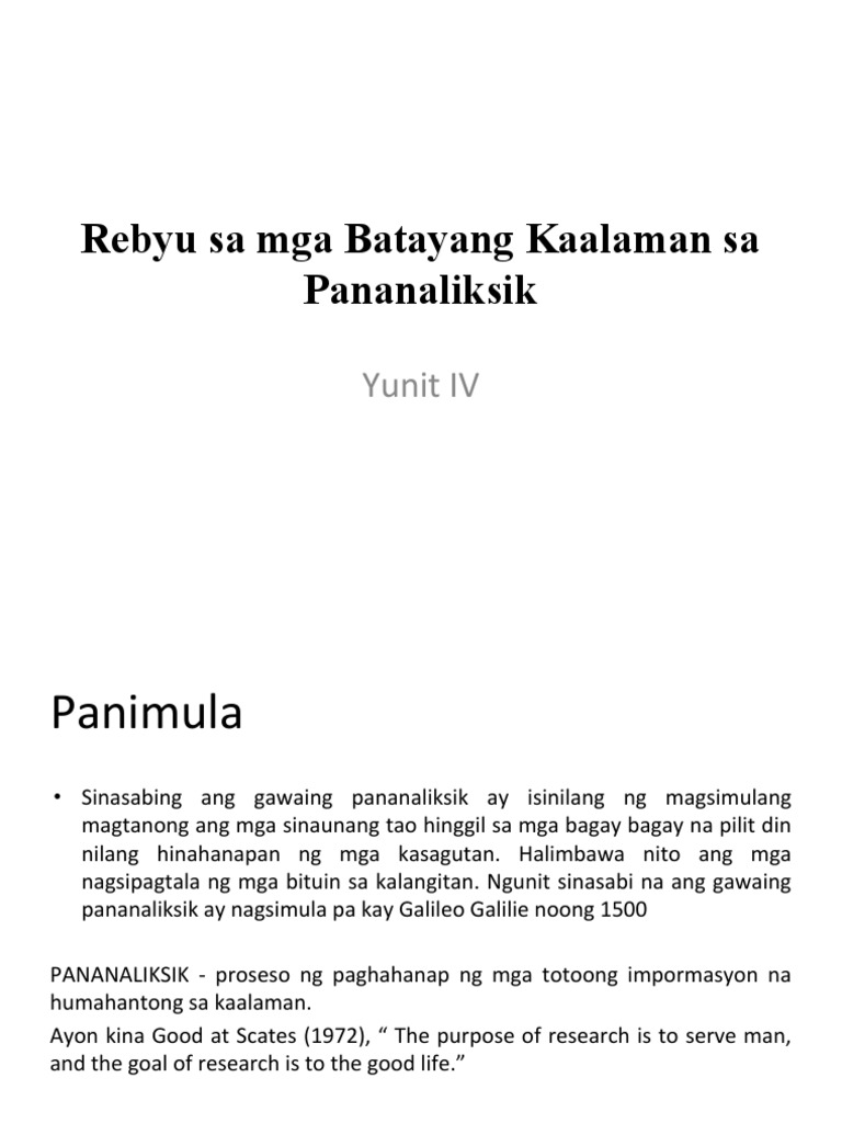 Yunit-IV-Rebyu-sa-mga-Batayang-Kaalaman-sa-Pananaliksik | PDF