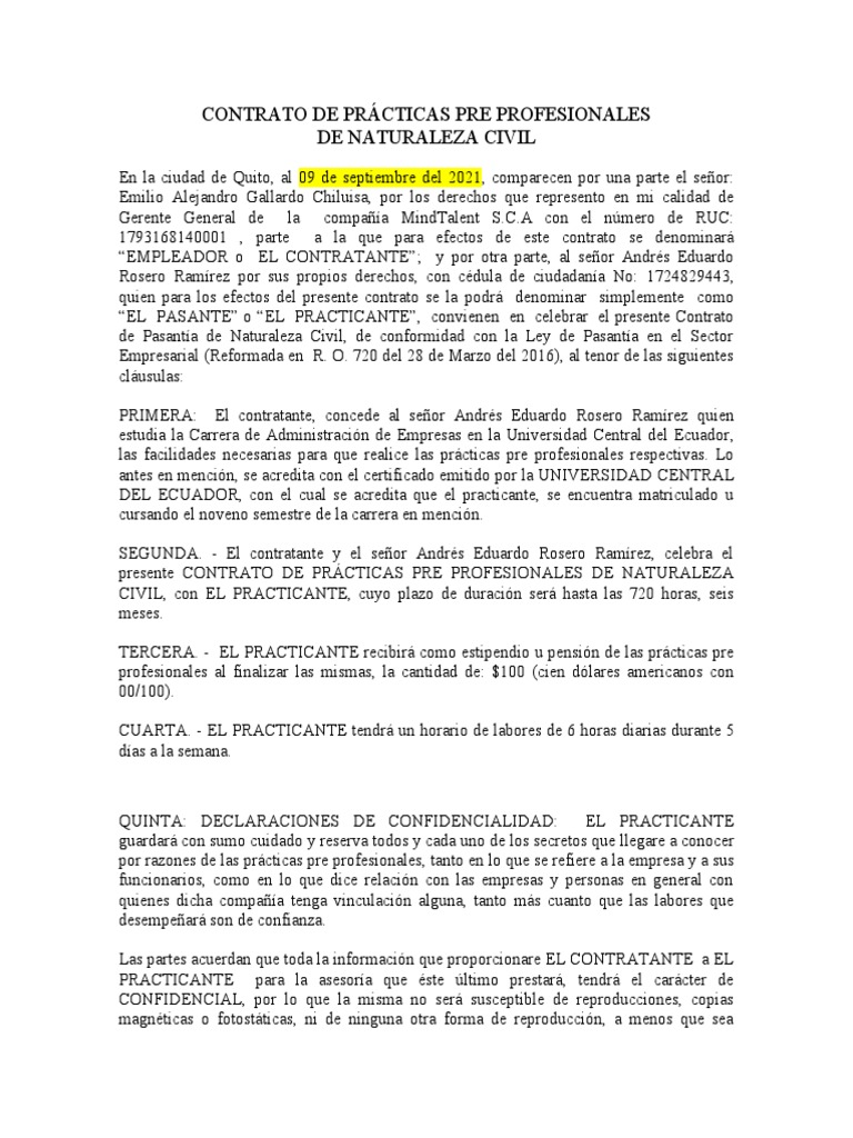 Contrato de Prácticas Pre Profesionales | PDF