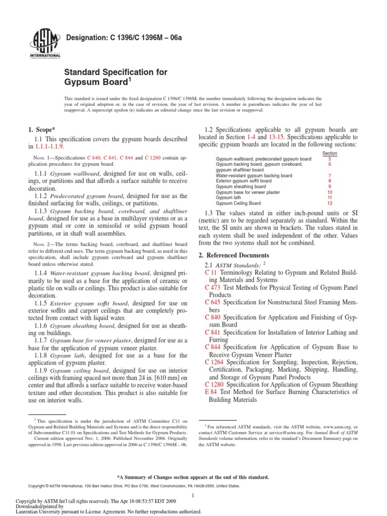 Gypsum Board: Standard Specification For | PDF | Drywall | Plaster