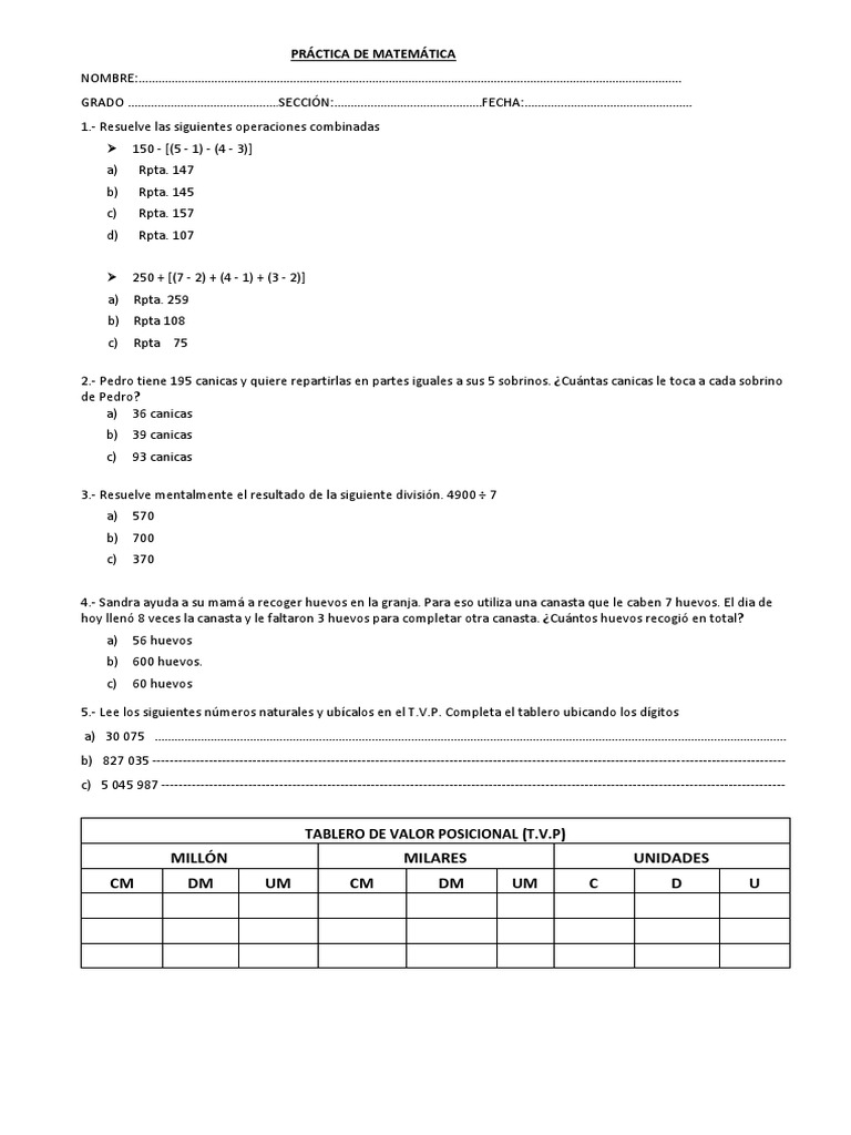 Práctica Calificada de Matemática 5to Grado | PDF