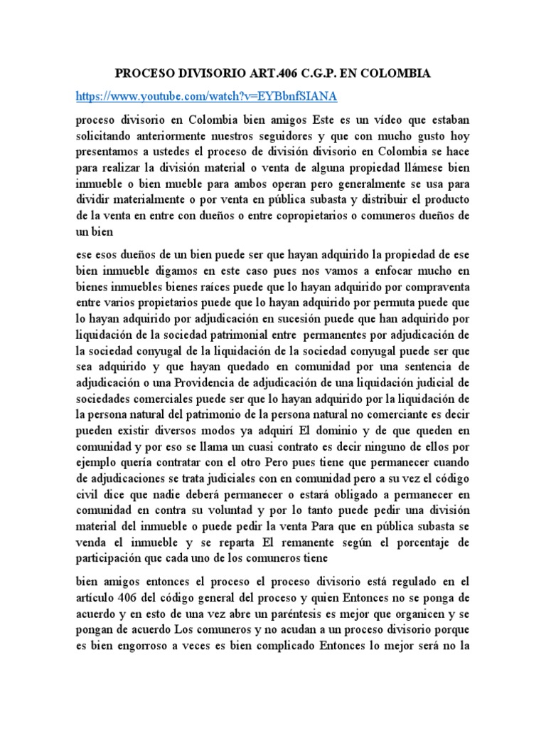 Proceso Divisorio Art.406 C.G.P. en Colombia | PDF