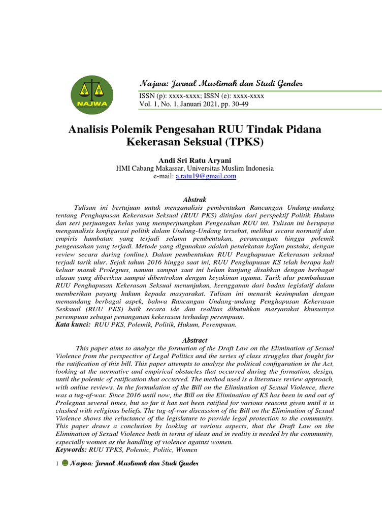 Vol 1 No 1, 3 Analisis Polemik Pengesahan RUU Tindak Pidana Kekerasan Seksual (TPKS) | PDF