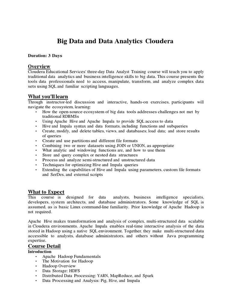 Big Data and Data Analytics Cloudera. | PDF | Apache Hadoop | Software ...