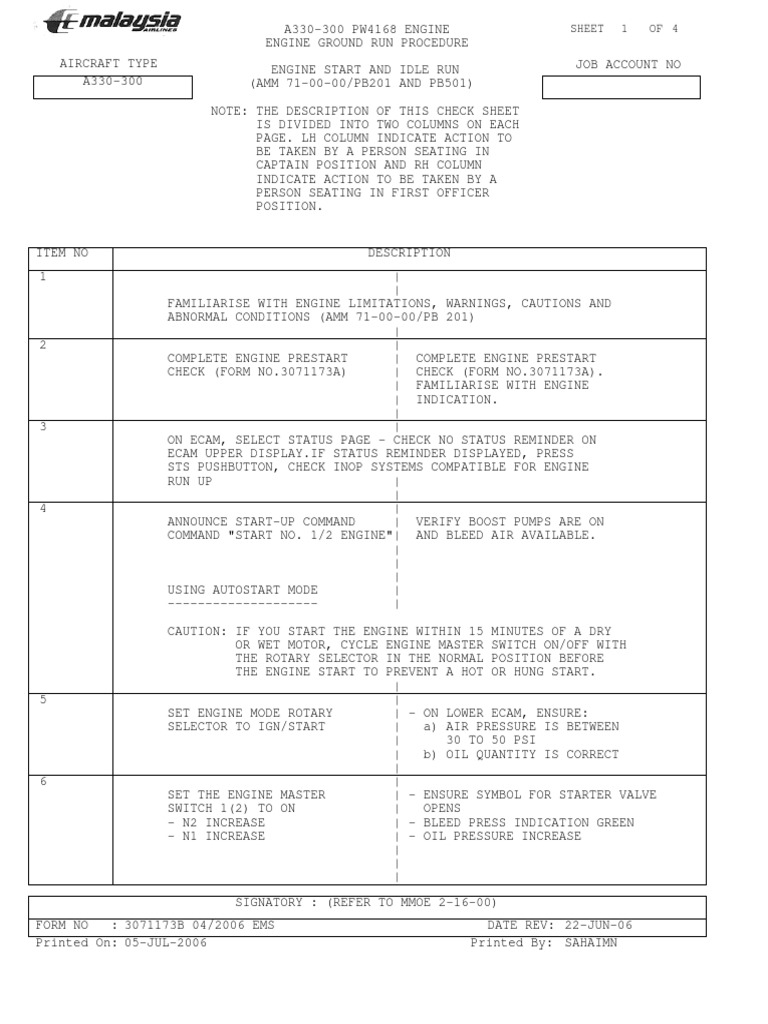 A330-300 PW4168 engine ground run procedure | PDF | Engines | Vehicles