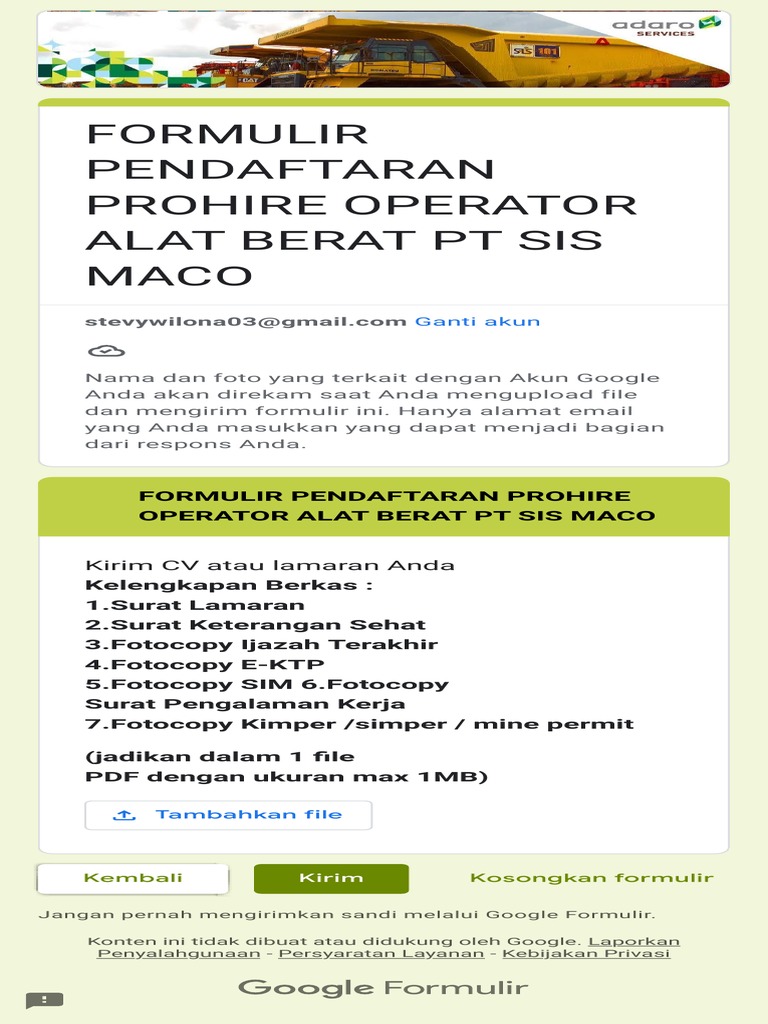 Formulir Pendaftaran Prohire Operator Alat Berat PT Sis Maco | PDF