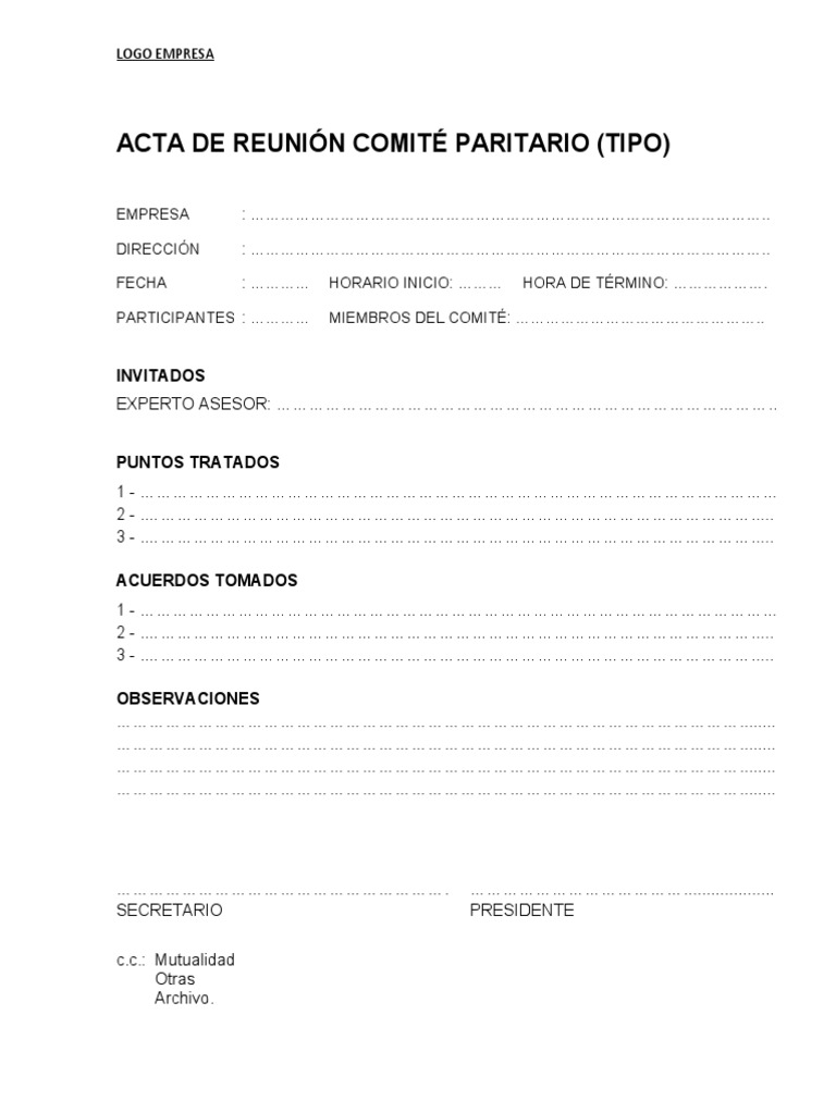 Formato Acta De Reunion Comite De Bien