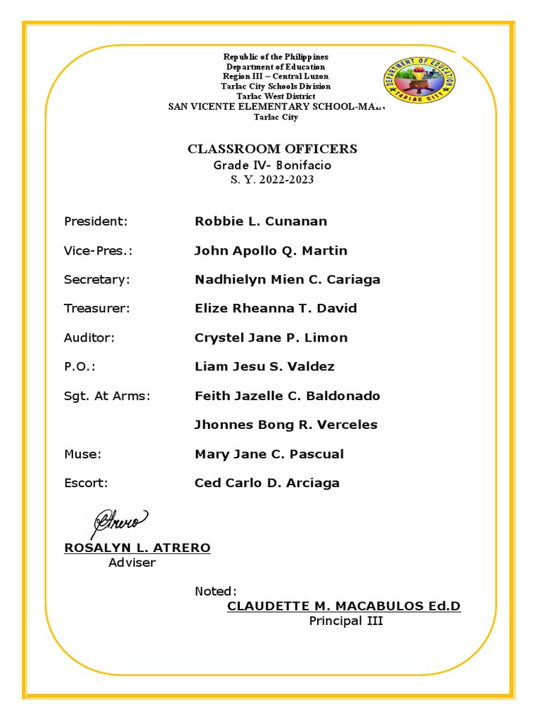 Classroom Officers Grade 4 | PDF