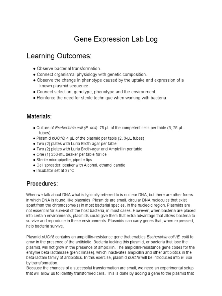 Gene Expression Lab Log | PDF | Plasmid | Transformation (Genetics)
