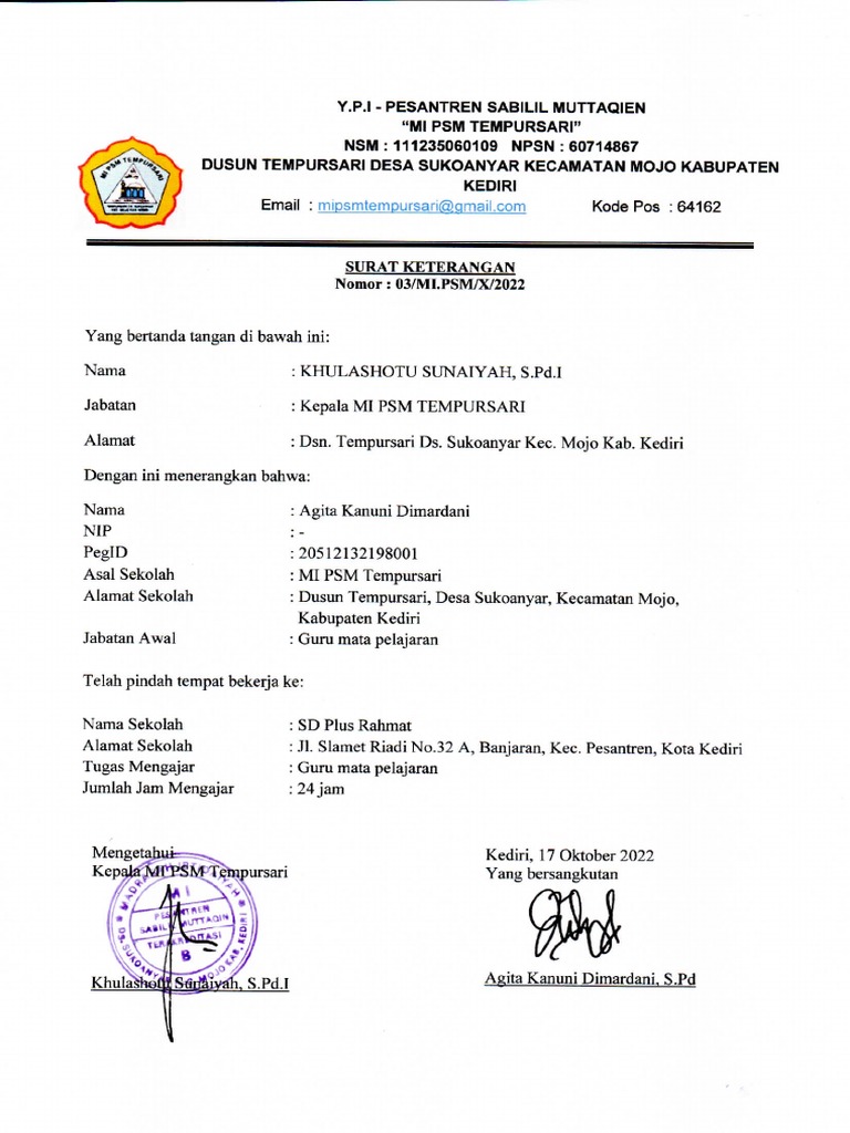 Surat Mutasi Pindah Sekolah | PDF