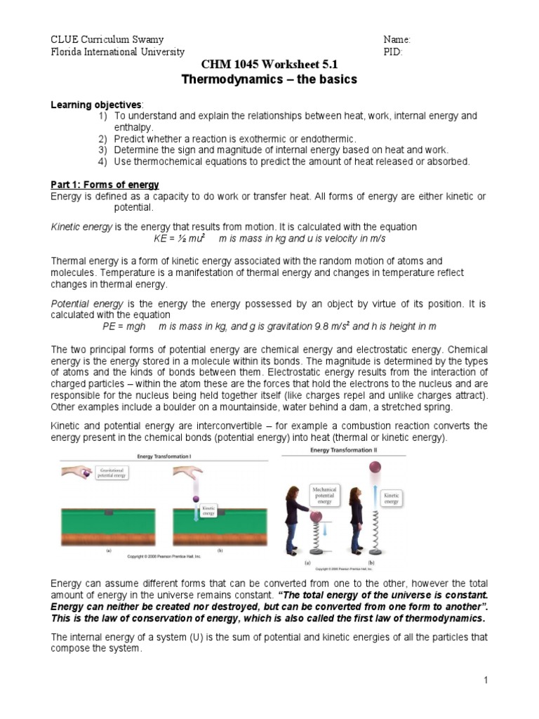 Thermodynamics Basics Worksheet | PDF