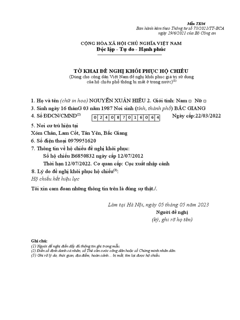 Mau TK04 tt73-2-21 - Khoi Phuc Ho Chieu | PDF