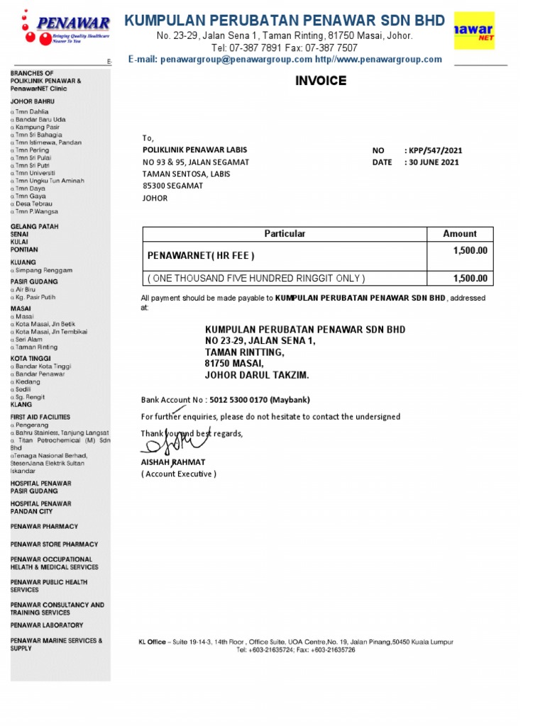 Invoice for Poliklinik Penawar Labis | PDF