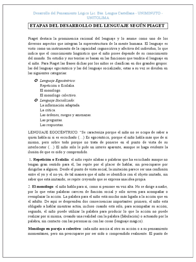 Etapas Del Desarrollo Del Lenguaje Según PIAGET | PDF | Pensamiento ...