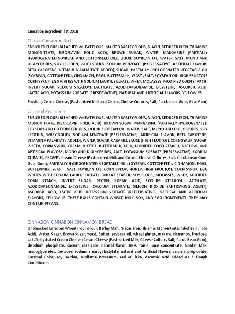 Cinnabon Liste Ingredient 2018 | PDF