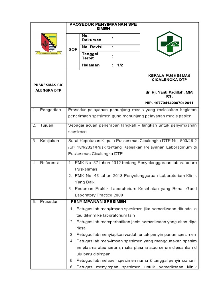 Prosedur Penyimpanan Spesimen di Laboratorium Puskesmas | PDF
