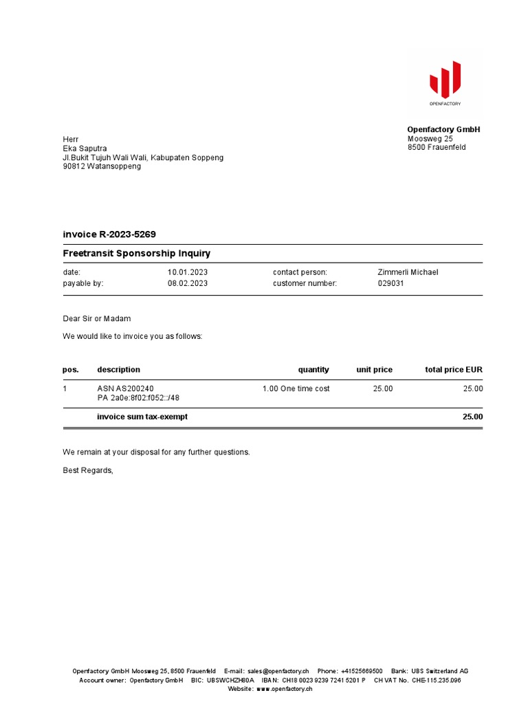 Invoice R-2023-5269 Freetransit Sponsorship Inquiry: Openfactory GMBH | PDF