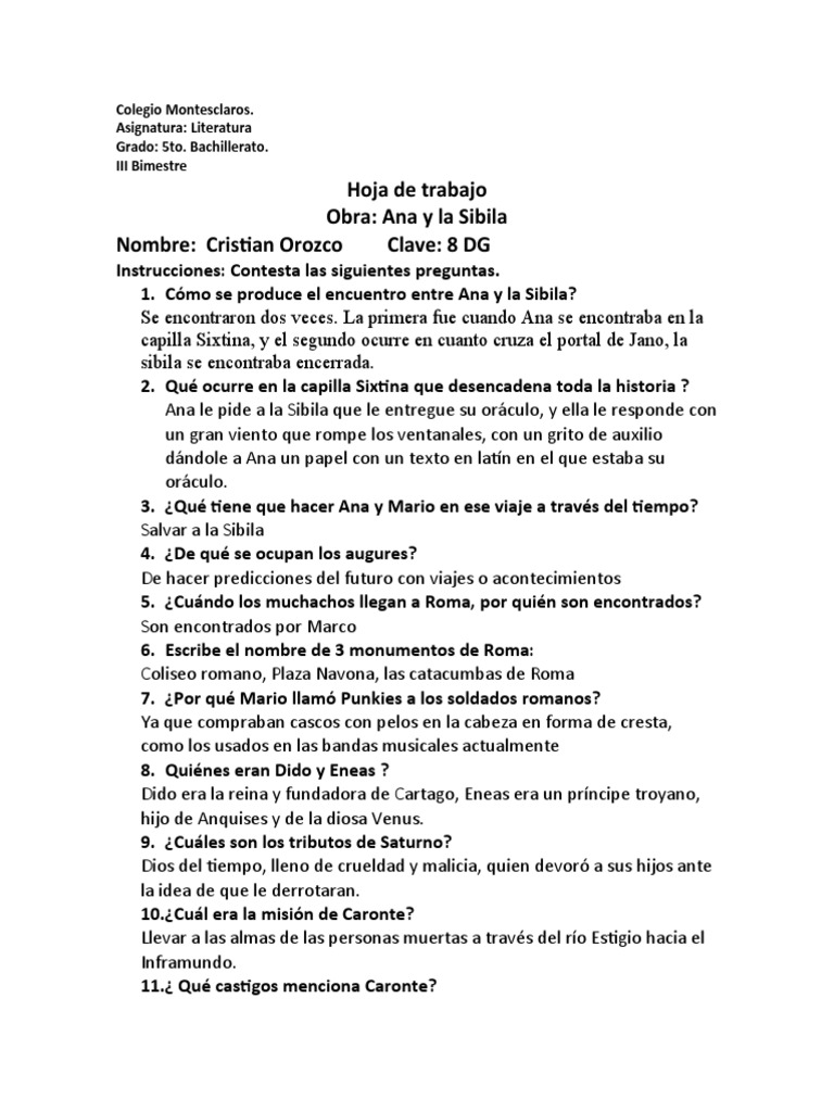 Hoja de Trabajo. Ana y La Sibila. - Cristian Orozco | PDF