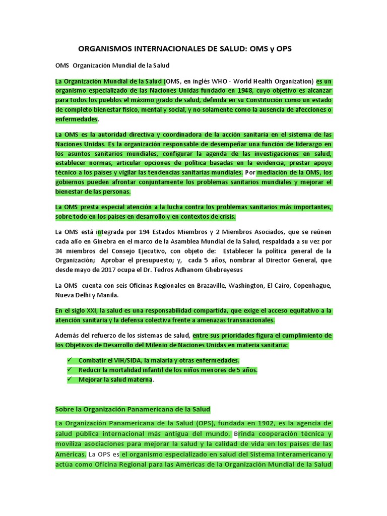 OMS y OPS | PDF | Organización Panamericana de la Salud | Organización ...