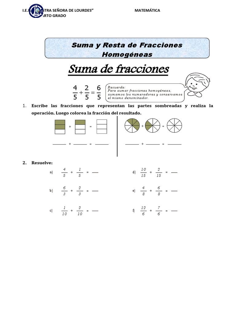 Suma y Resta de Fracciones 4° Grado | PDF | Sustracción | Aritmética