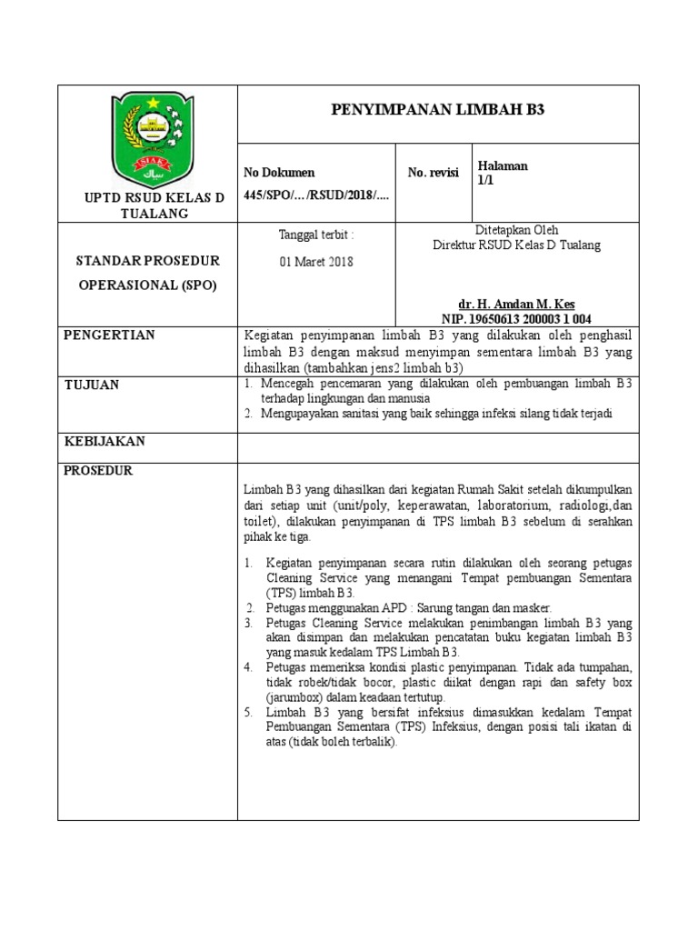 Sop Penyimpanan Limbah b3 Medis Fix | PDF