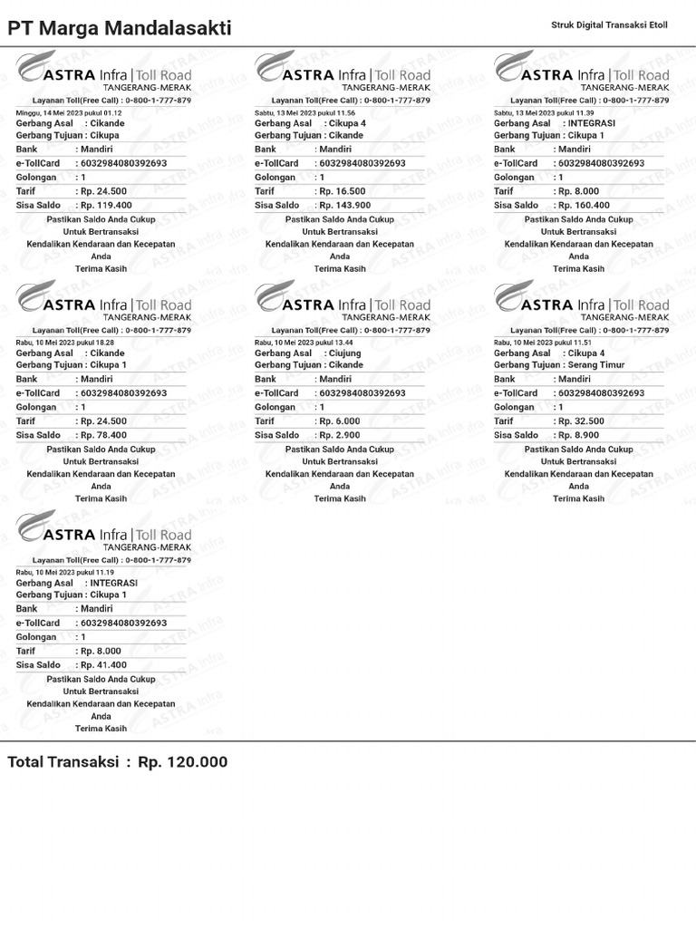 Struk Transaksi ASTRA Infra Toll Road - 204377 | PDF