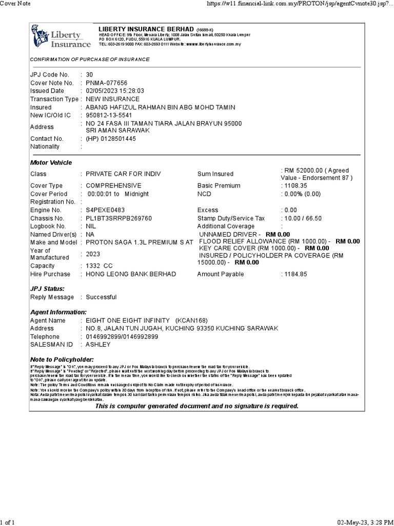 Cover Note - Abang Hafizul Rahman Bin Abg Mohd Tamin | PDF | Insurance