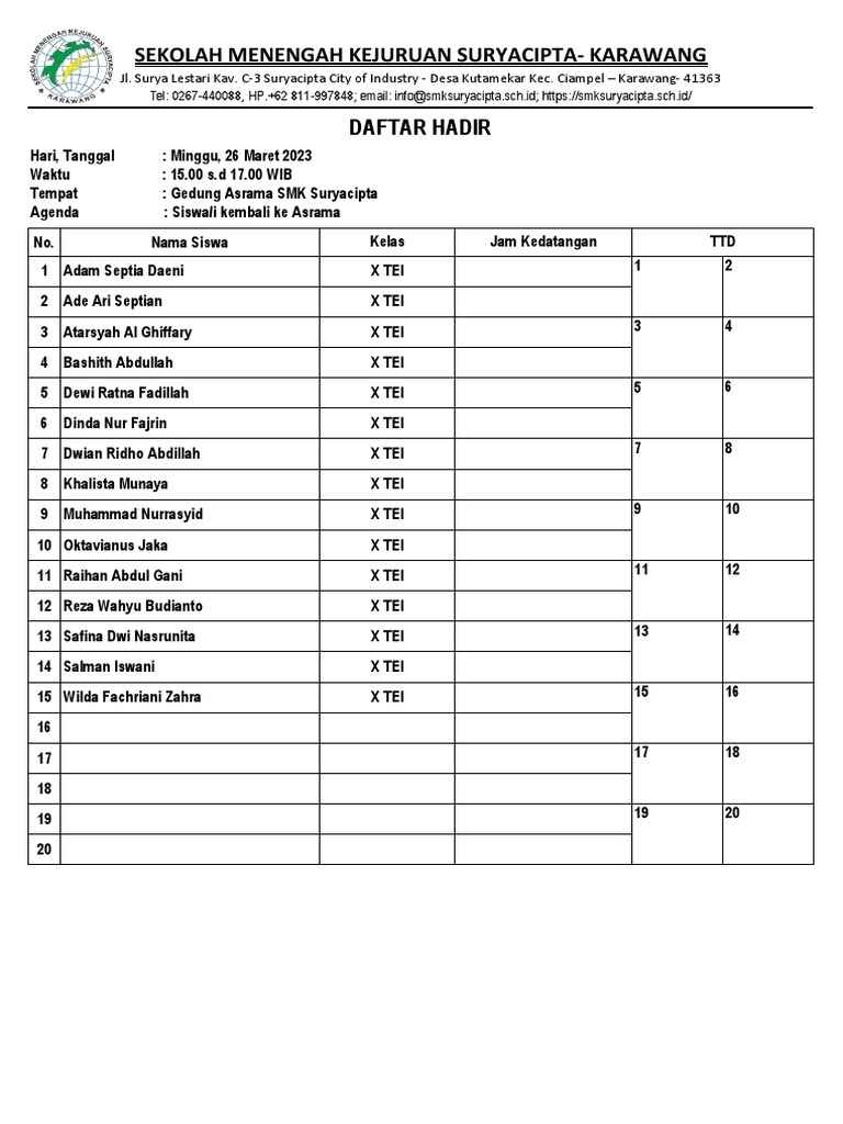 Daftar Hadir Asrama X Tei | PDF