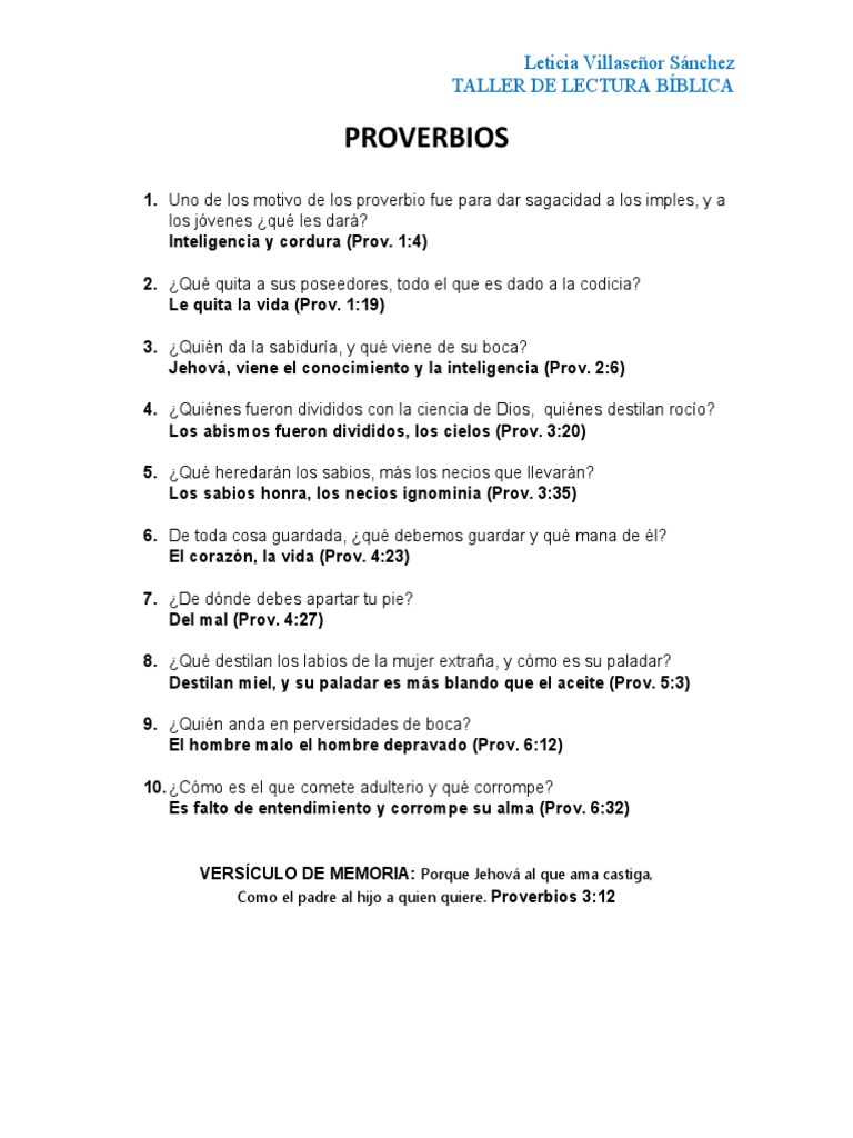 Cuestionario Sobre El Libro de PROVERBIOS | PDF | Moralidad ...