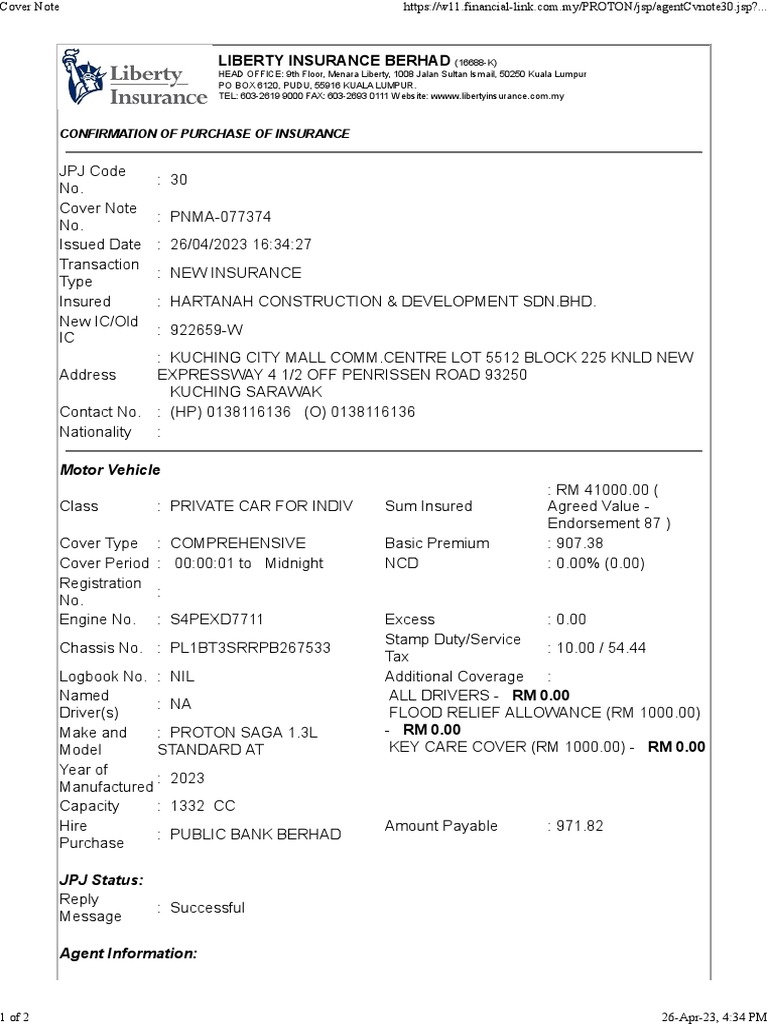 Cover Note - HARTANAH CONSTRUCTION & DEVELOPMENT SDN - BHD. | PDF ...