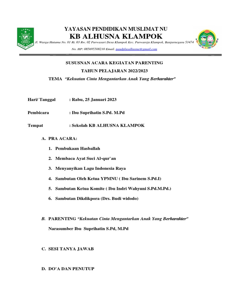 Susunan Acara Parenting | PDF