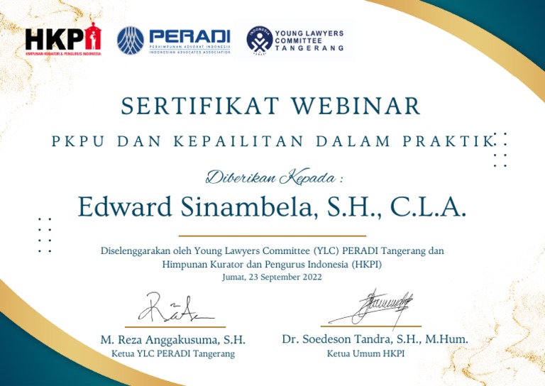 Sertifikat Webinar: Edward Sinambela, S.H., C.L.A | PDF