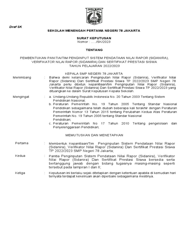 SK Input Nilai Sidanira 2022-2023 | PDF