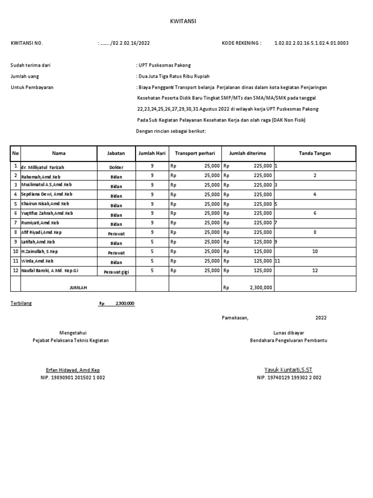 Kwitansi Pembayaran Transport Kesehatan | PDF