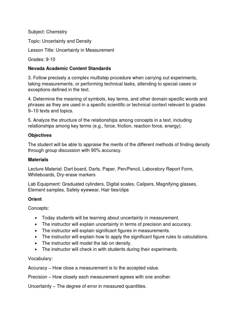 Di Lesson Plan Chemistry Uncertainty in Measurement | PDF
