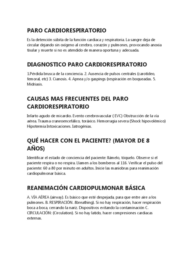 Paro Cardiorespiratorio | PDF | Reanimación cardiopulmonar | Paro cardíaco