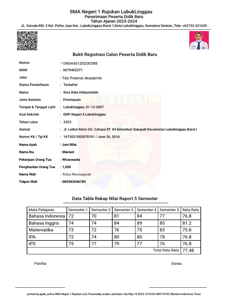Bukti Pendaftaran RISA ARBA HIDAYATULLAH SMAN. 1 LLG | PDF