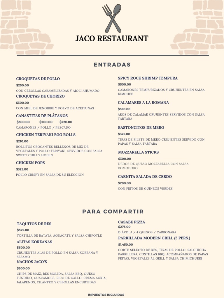 Menú del Restaurante Jaco | PDF