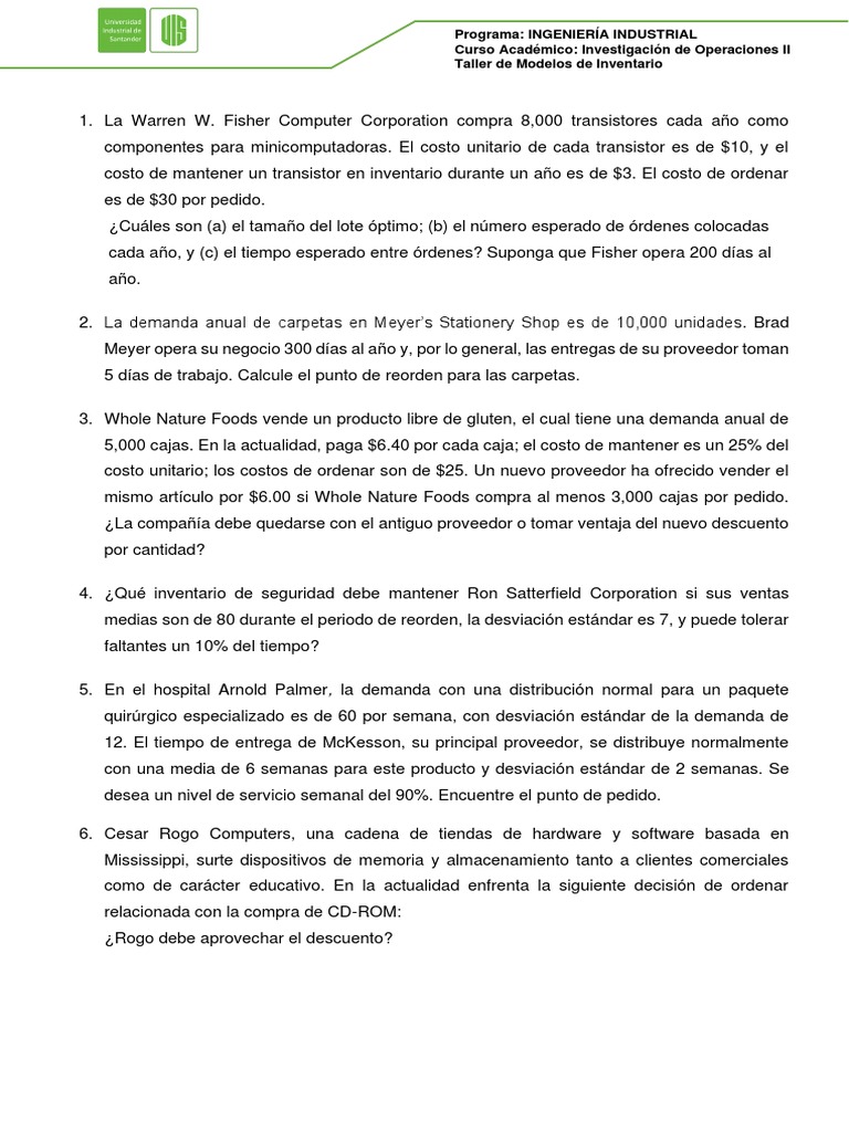 Taller Modelos de Inventarios | PDF | Inventario