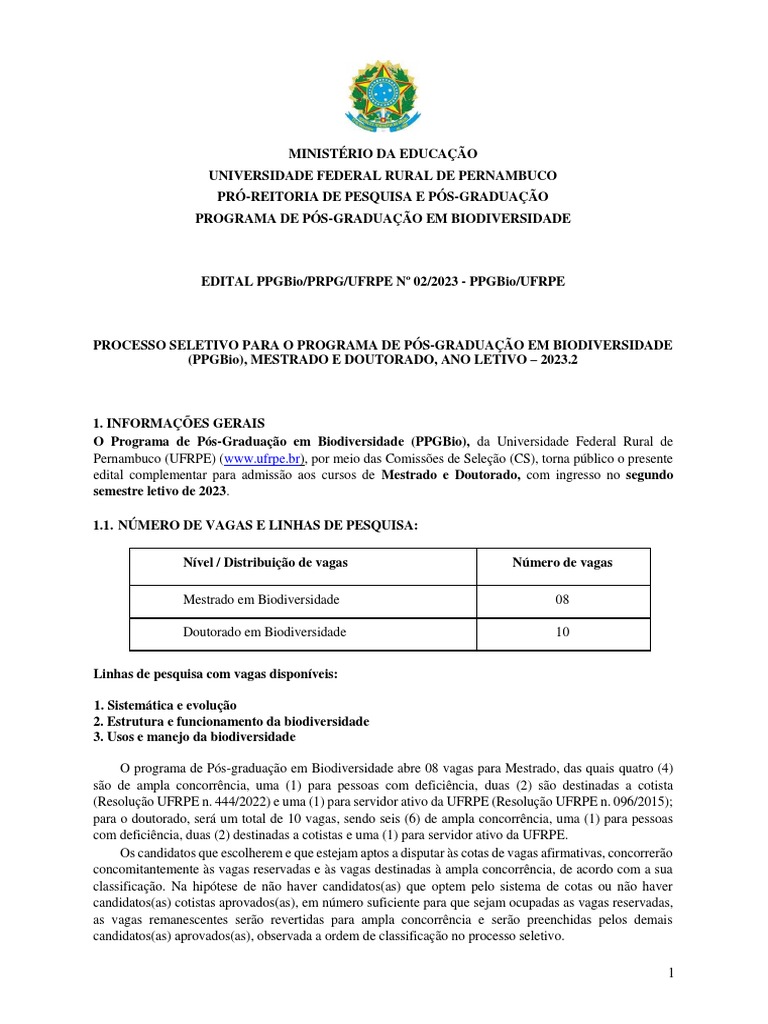 Edital 02 2023 PPGBio UFRPE - Seleo Mestrado e Doutorado | PDF | Pós ...