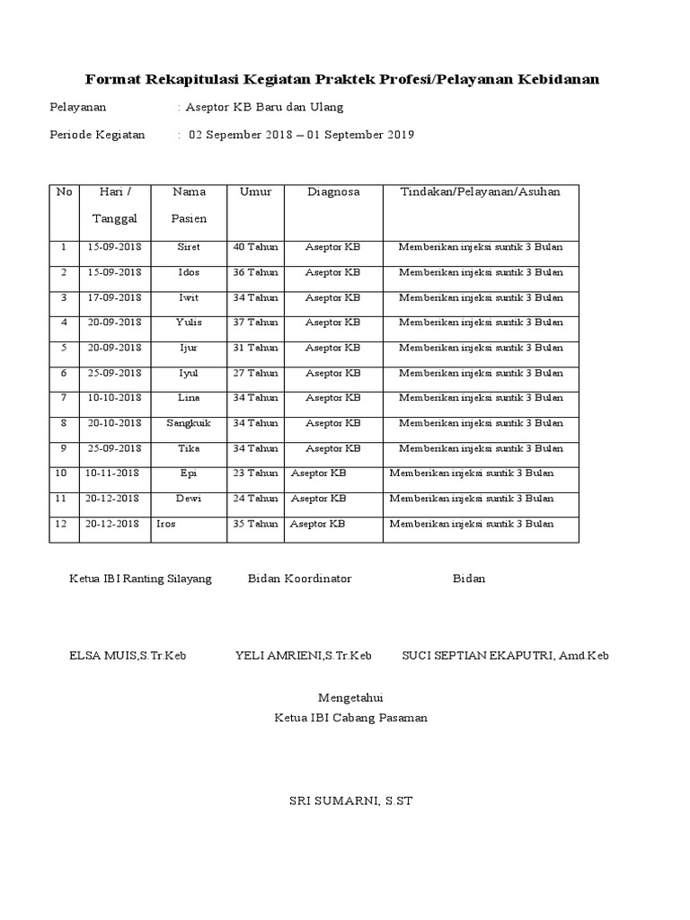 Format Rekapitulasi Kegiatan Praktik Profesi Aseptor KB | PDF